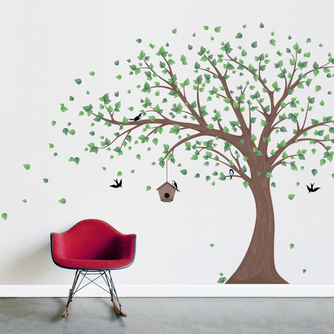 Printed Windy Tree With Birdhouse Wall Decal - Etsy