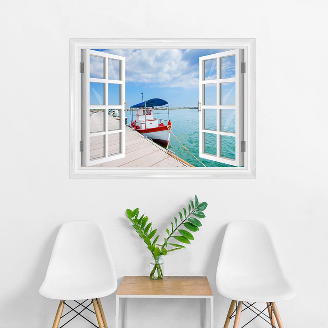 Boat at Dock Window Mural Removable Wall Decal, Wall Decor, Printed ...