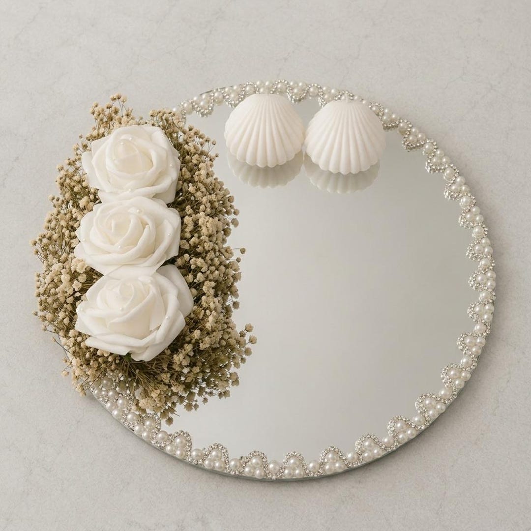 Personalized White Rose Wedding Ring Tray Set With Shell Boxes – Mirror ...