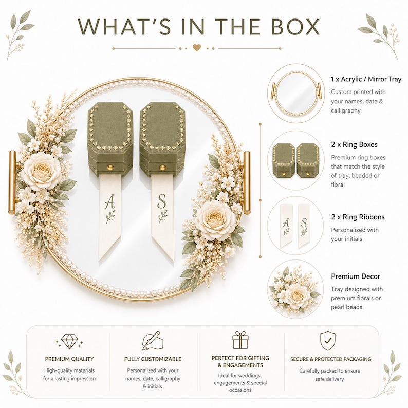 Personalized White Rose Wedding Ring Tray Set With Shell Boxes – Mirror ...