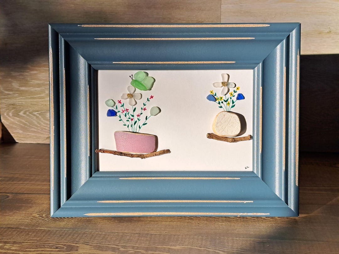 Genuine New England Sea Glass Art – Flower & Butterfly Picture in ...