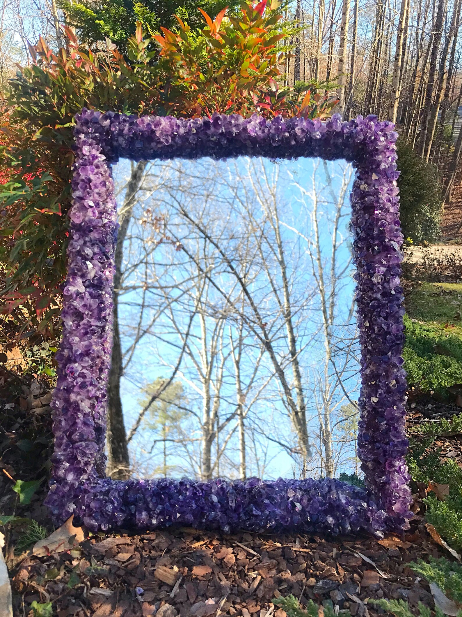 Amethyst Crystal Mirror: February Birthstone, Wooden Frame (22" X 18 ...
