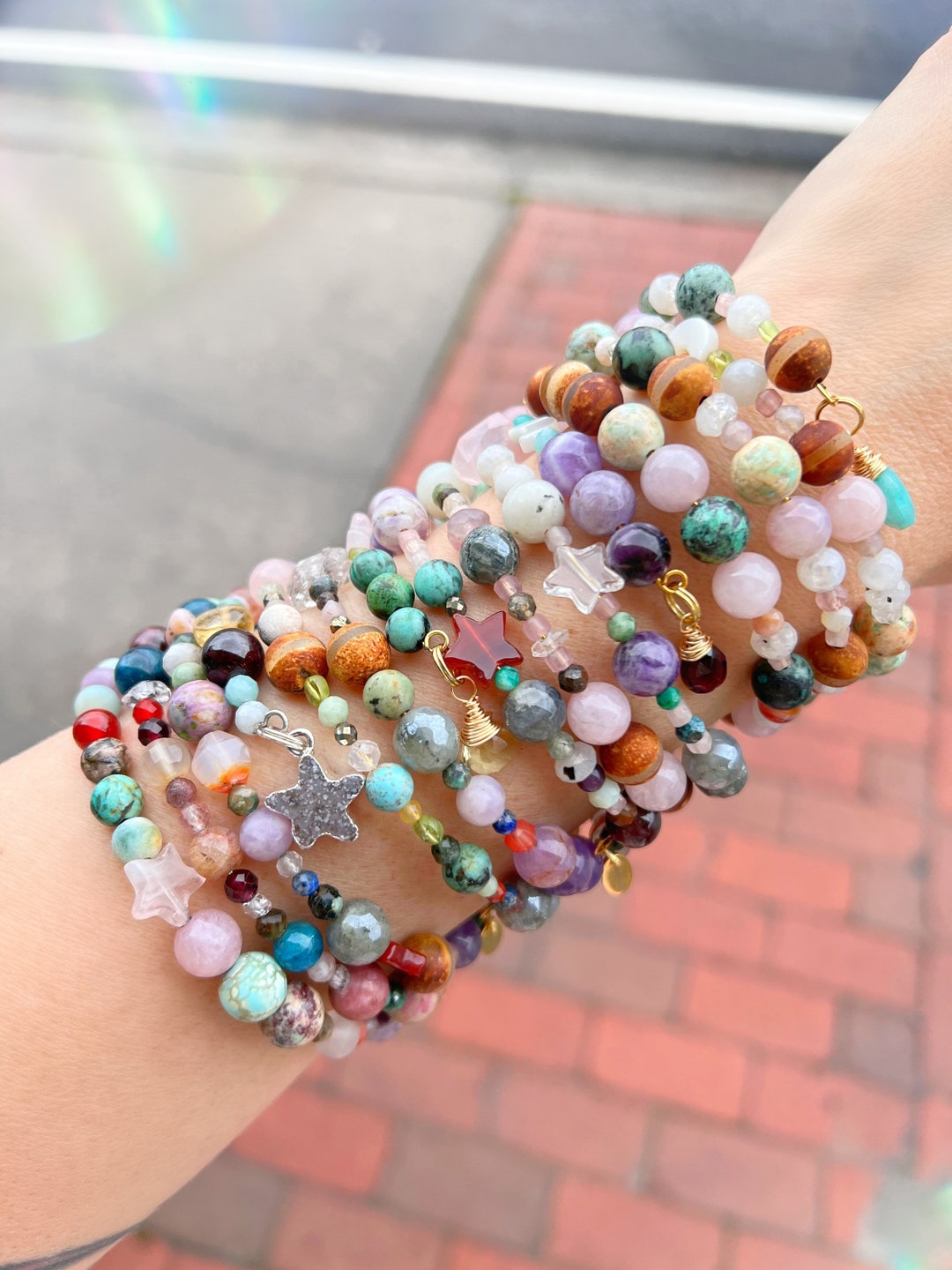 GOOD LUCK BRACELET // Beaded Gemstone Charm Bracelet // Memory Wire ...