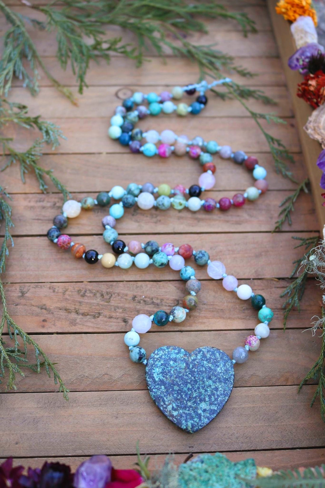 AFRICAN TURQUOISE HEART Mala With Multi Gem // 36” Hand Knotted Crystal ...