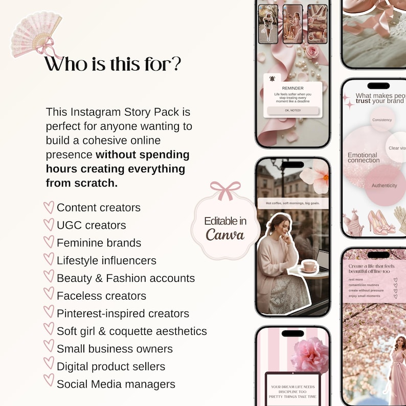 Coquette Instagram Story Templates, Canva Story Pack, Pink Aesthetic ...