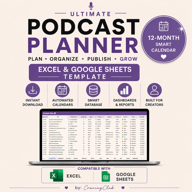 Podcast Planner Google Sheets Excel Template Podcast Content Planning ...
