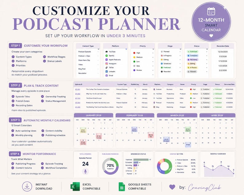 Podcast Planner Google Sheets Excel Template Podcast Content Planning ...
