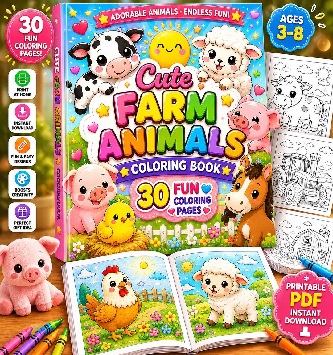 Farm Animals Coloring Book | 30 Fun Pages for Kids Ages 3-8 (PDF ...