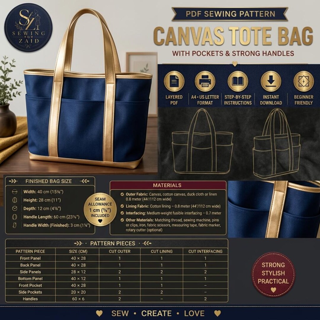 Canvas Tote Bag Sewing Pattern | Everyday Shoulder Bag With Pockets ...