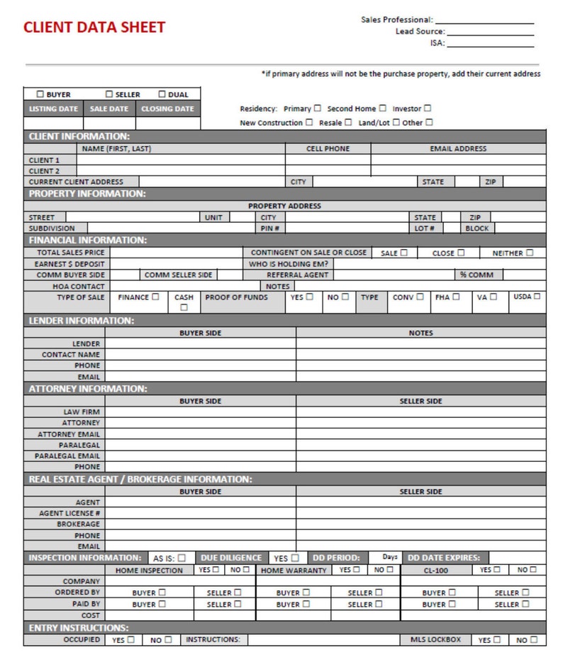 Transaction Coordinator Client Data Sheet - Etsy