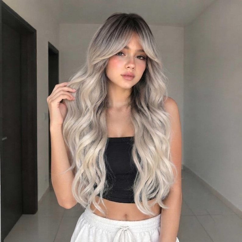 Glamorous Long Wavy Wig With Bangs, Long Wavy Hair Wigs, Big Wave Wigs ...