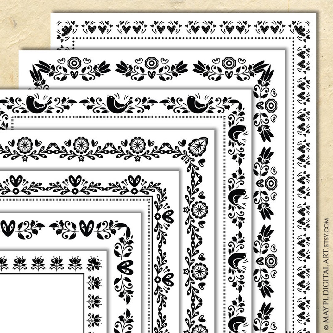 Folk Art 8x11 Border Frames, Scandinavian Garland Black Clipart ...