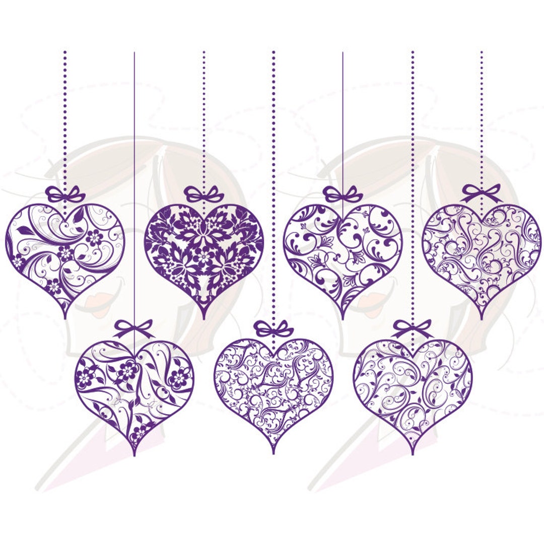Heart Ornaments Hanging Graphics Clip Art Vintage Purple Wedding Swirl ...