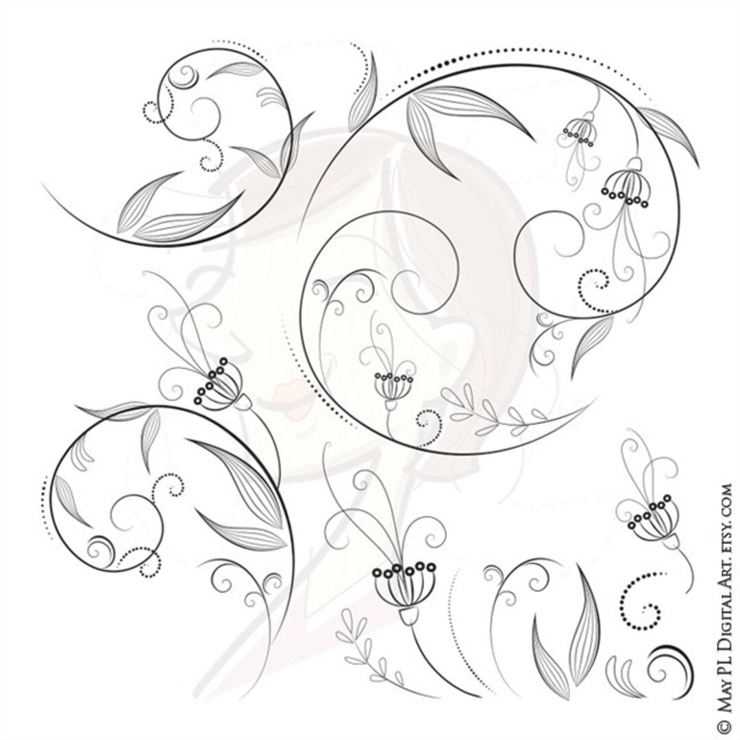 Floral Flourish Swirl Vector Clipart - Includes Flowers, Leaves to Make ...