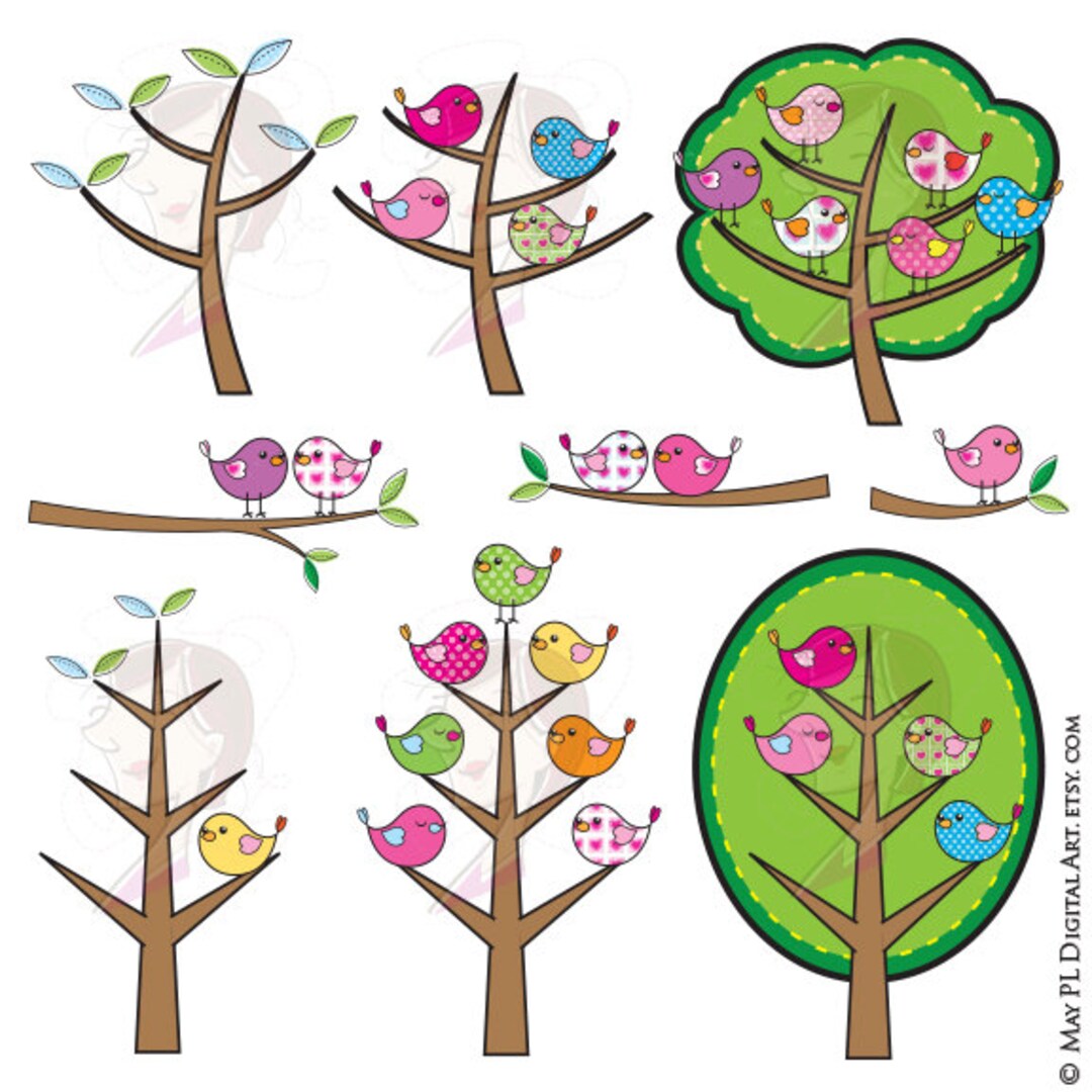 Birds on A Branch Tree Clipart - Cute Vector Perfect for DIY Cards ...