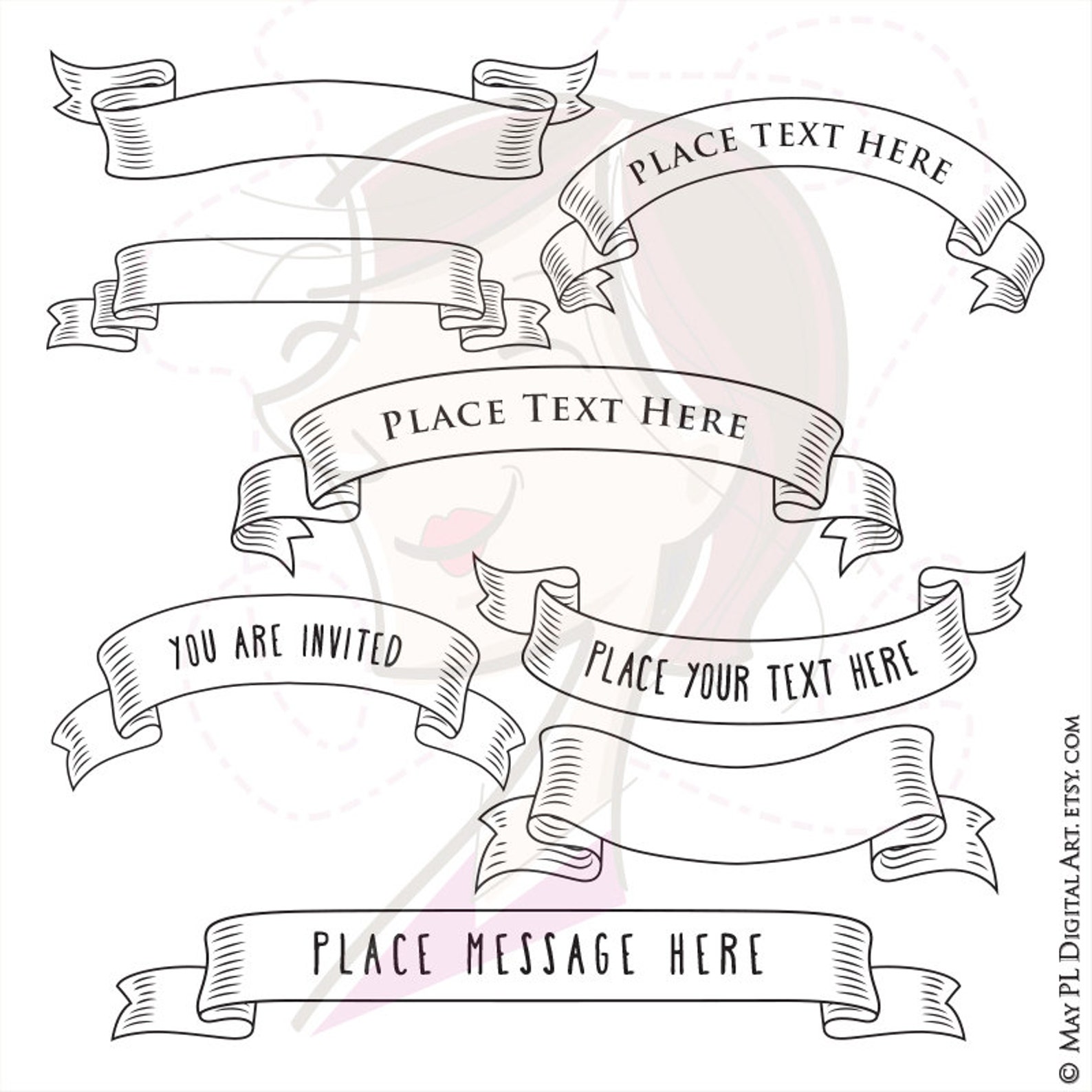 Retro Banners Ribbons Hand Drawn Old World Vintage Style DIY Wedding ...