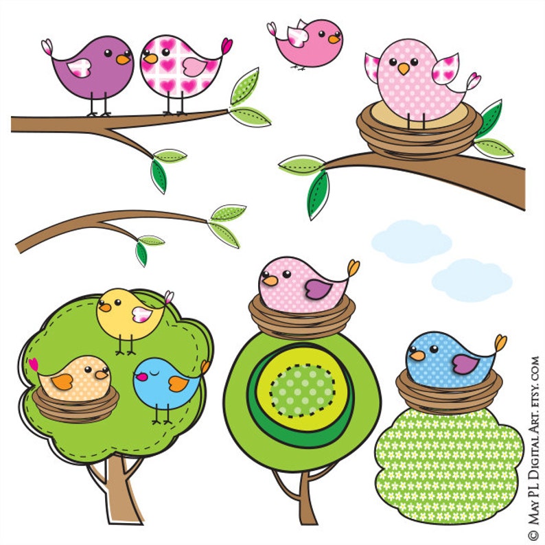 Birds Branch Tree Nest Clouds Clipart Cute Birds Pink Blue Purple ...