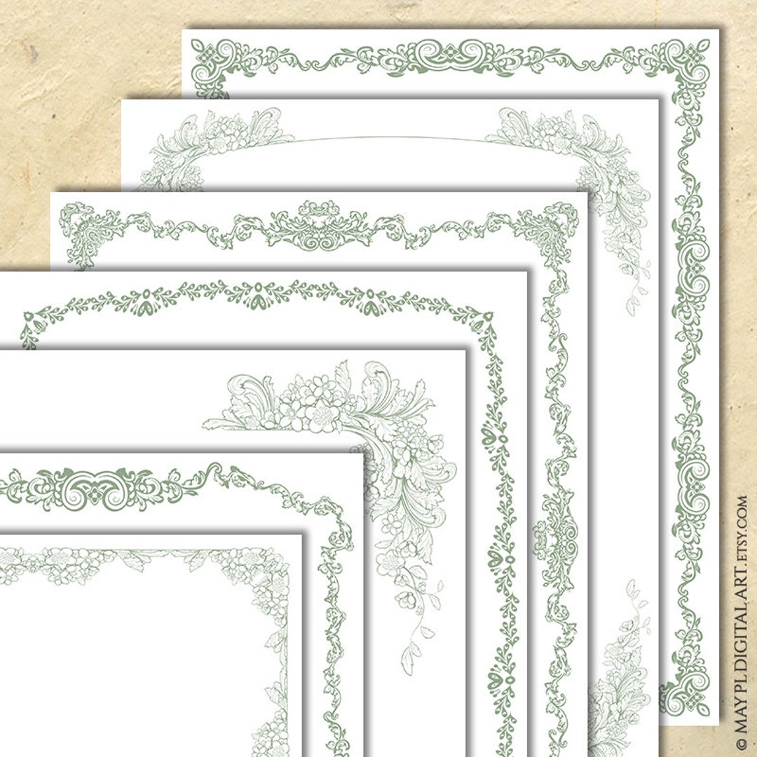 Sage Green Document Borders Clipart, Heritage Floral Frames - Antique ...