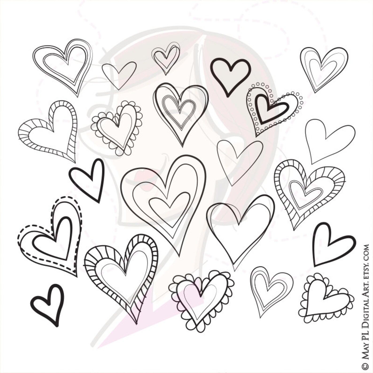 Hearts Whimsical Cute Doodle Clipart Hand Drawn Pen Drawing Love ...