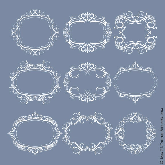 White Monogram Floral Frames Clip Art Pretty Vintage Swirls | Etsy