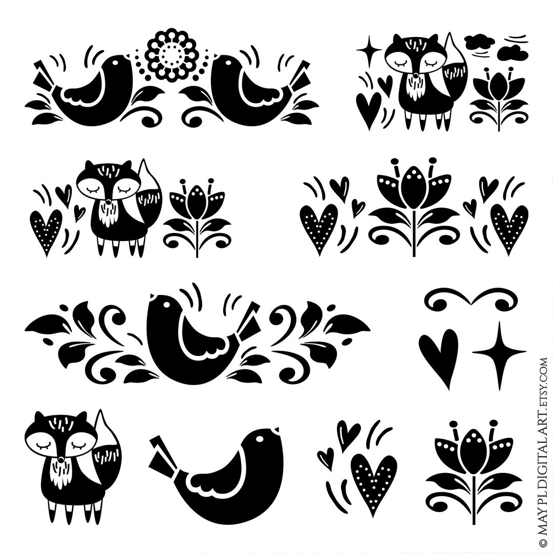 Folk Art Scandinavian Bird Fox Nordic Animals Clipart - Cardmaking ...
