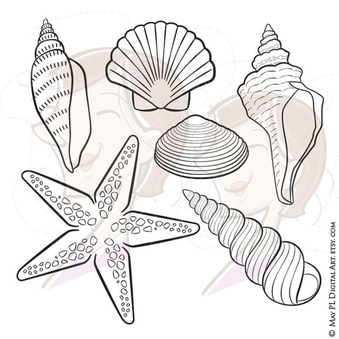 Digital Seashell Stamps - Summer Beach Vector Clipart Include Starfish ...