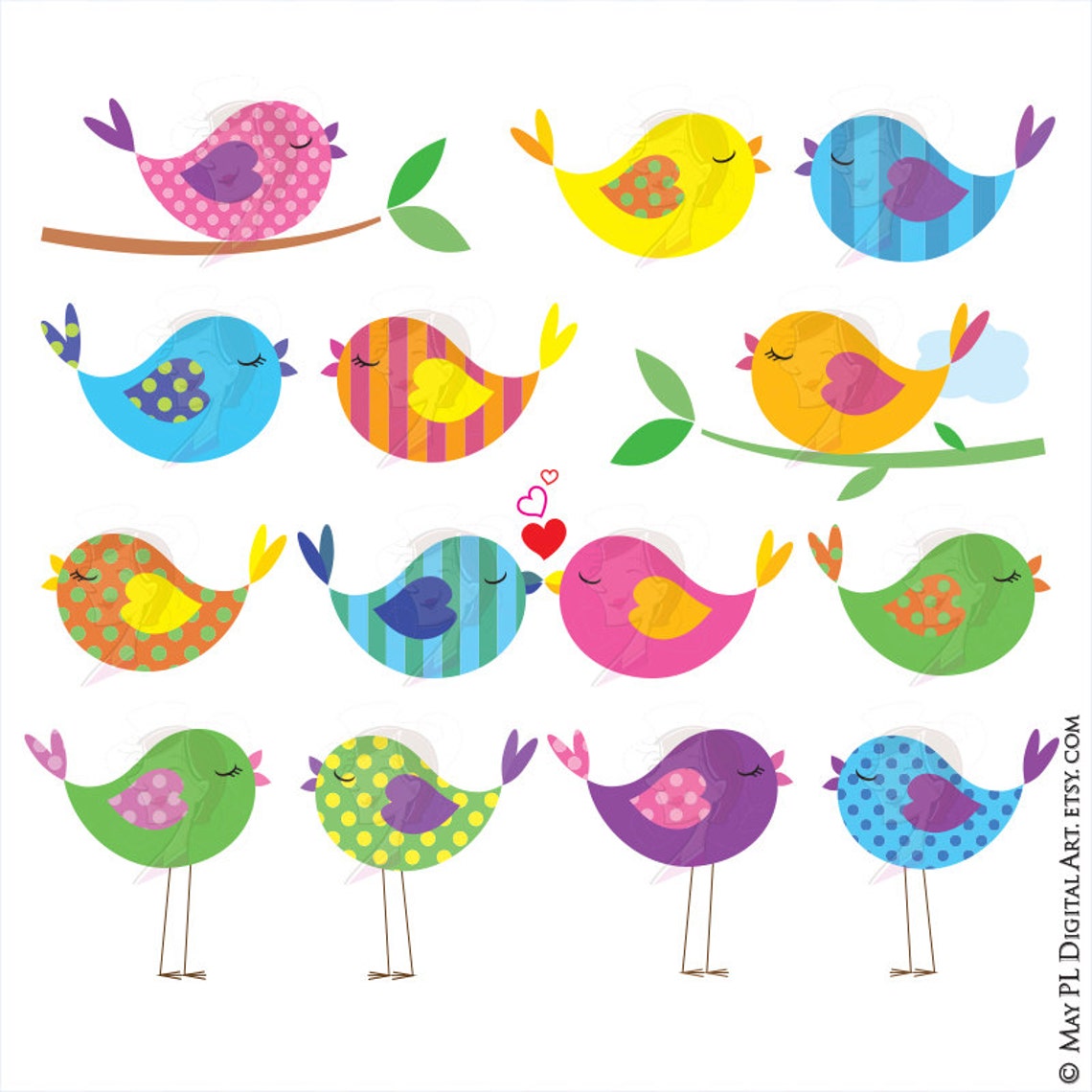 Animal Clip Art Cute Birds Love Birds Birds on A Branch - Etsy