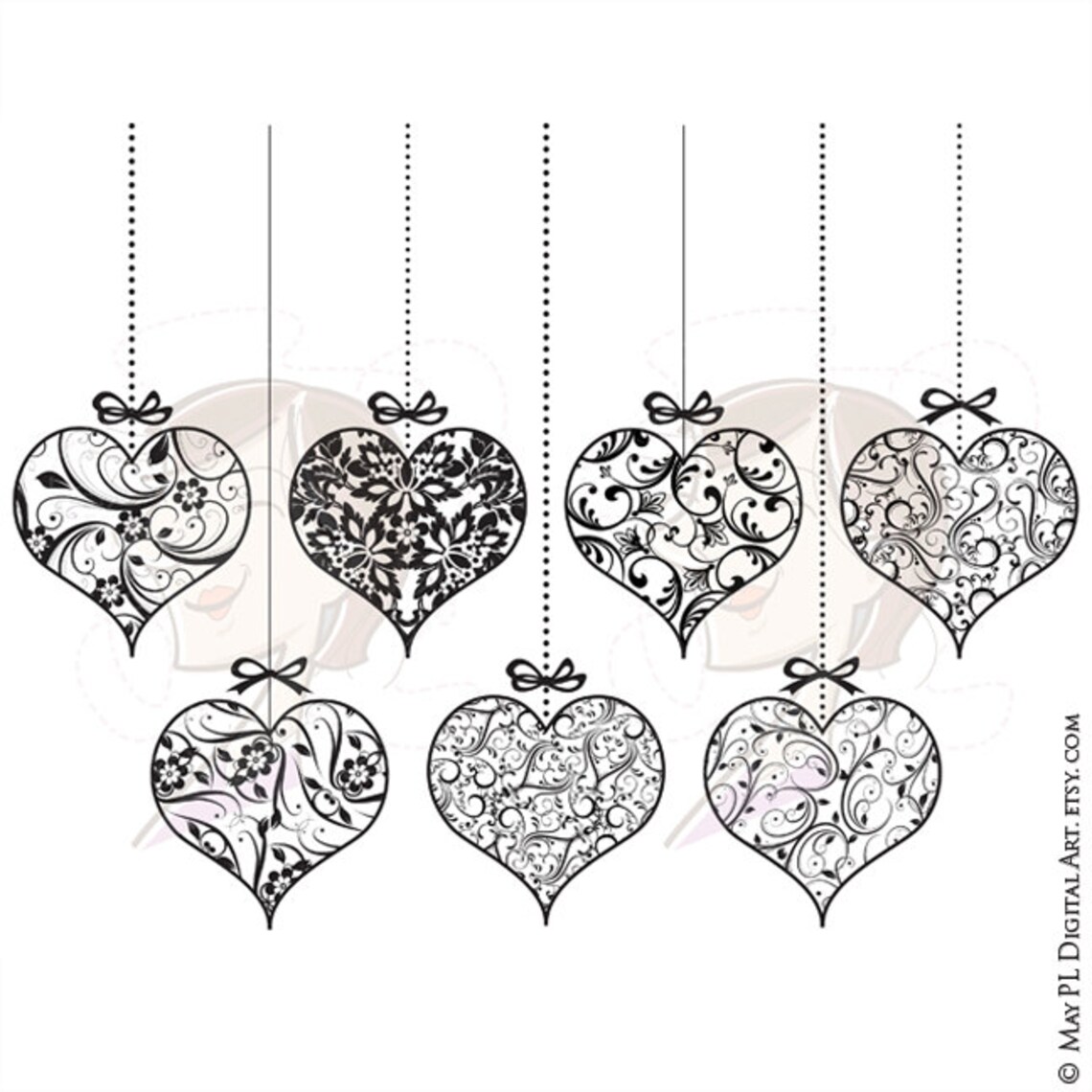 Hearts Clip Art Commercial Use Wedding Valentine Floral Swirl | Etsy