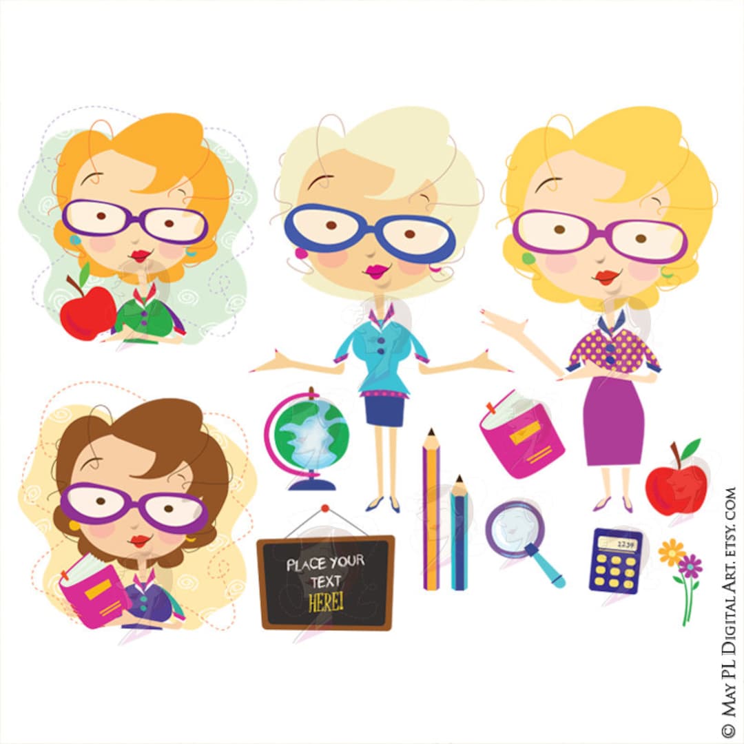 Blonde Teacher Clipart Classroom Cute Brunette Teacher Blackboard Ruler ...