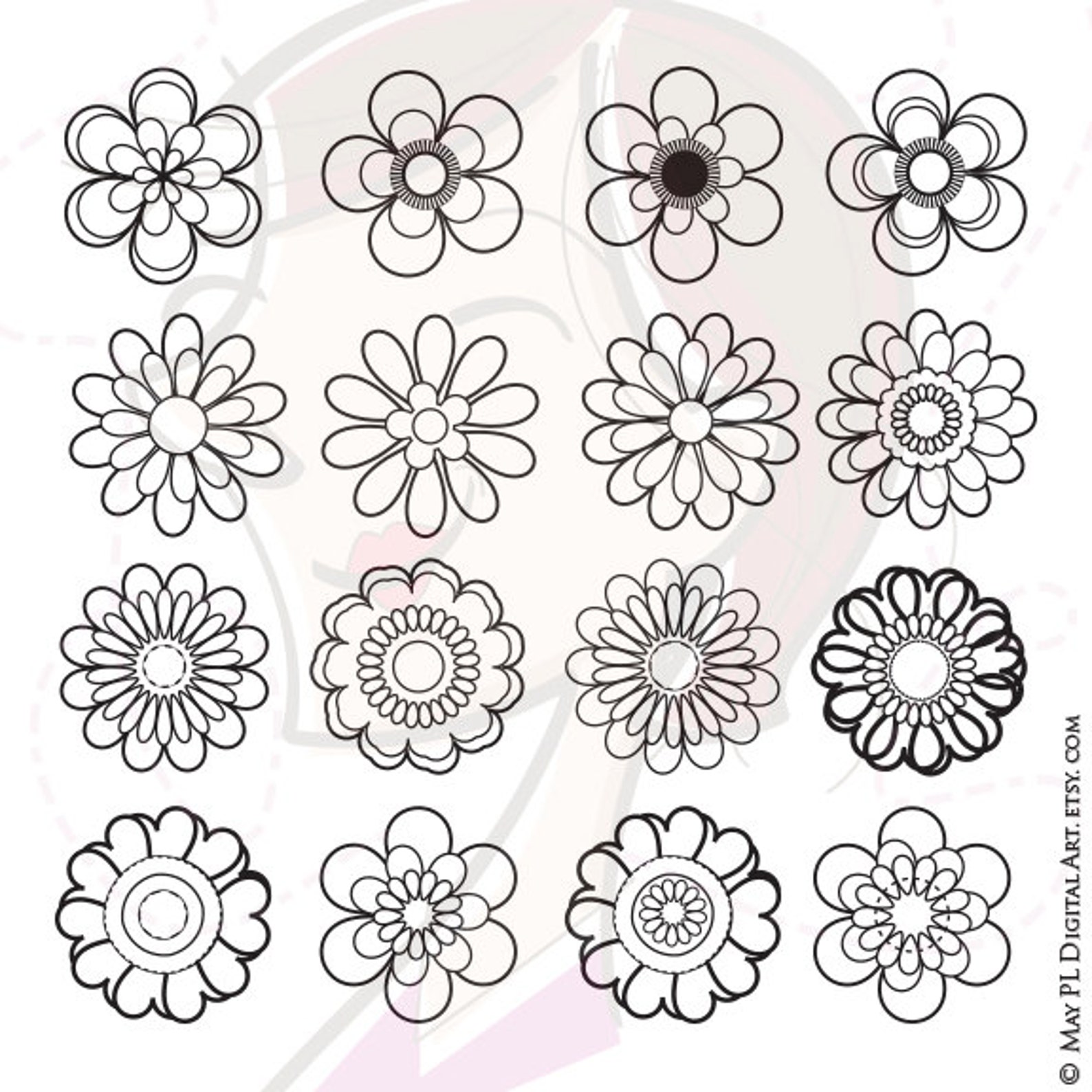 Flower Stamps Png Vector Clipart - Digital Stamp to Make a Color in ...