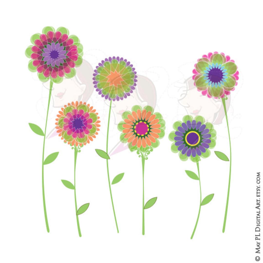 Spring Flowers Clipart Digital Flowers VECTOR COMMERCIAL USE Green Pink ...