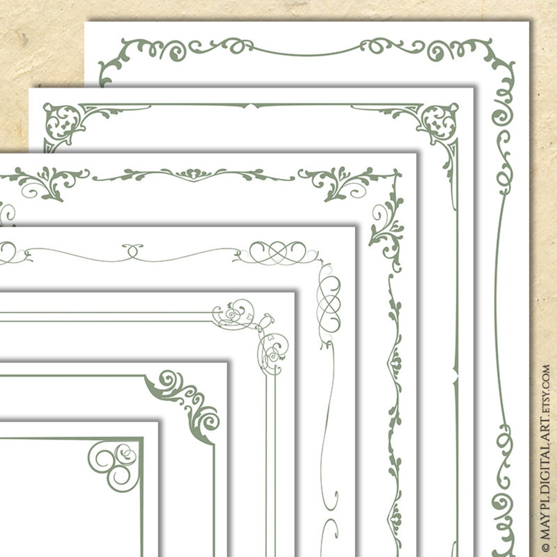 Sage Green Fancy Page Borders - Vintage 8x11 Digital Frames Curly ...