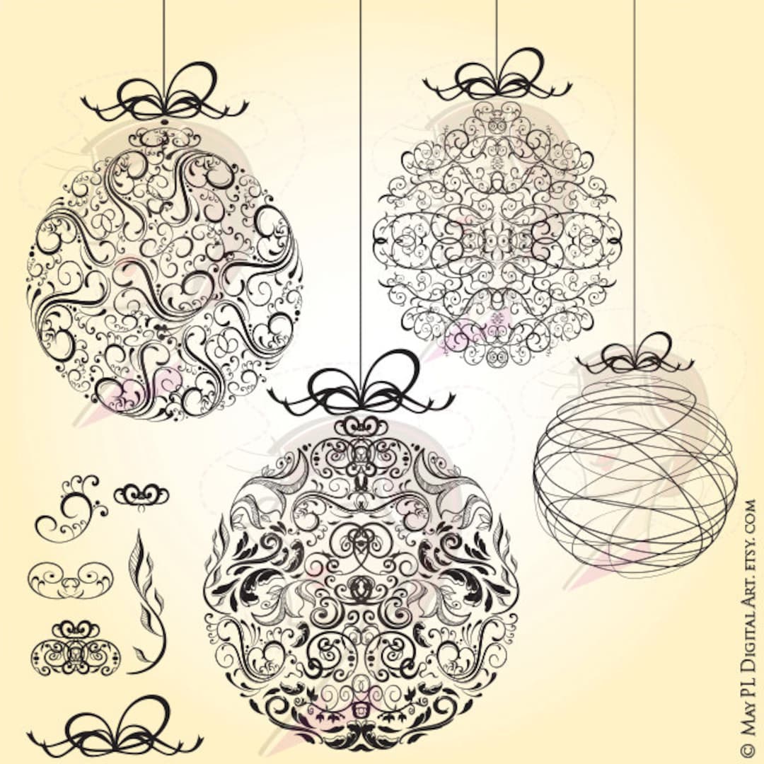 Christmas Baubles Clip Art Retro Xmas Ornaments Decorations Vintage ...