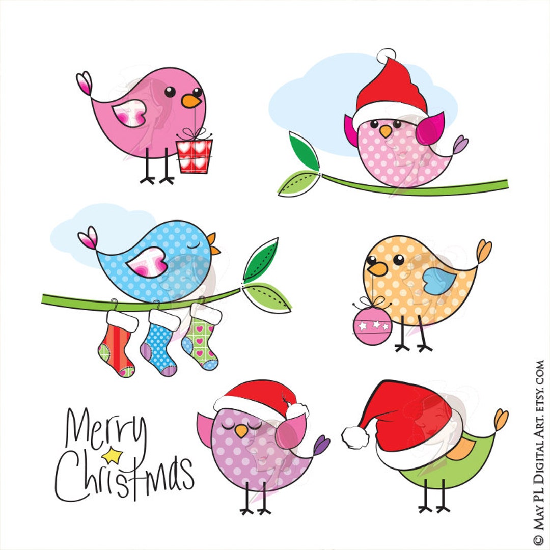 Christmas Birds Clip Art Digital Xmas Vector Commercial Use Pink Blue ...