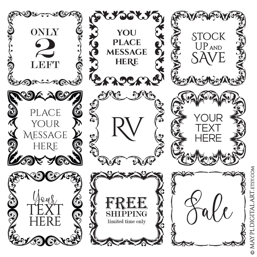 Victorian Labels and Tags Digital Frames, Black Square Borders Clipart ...