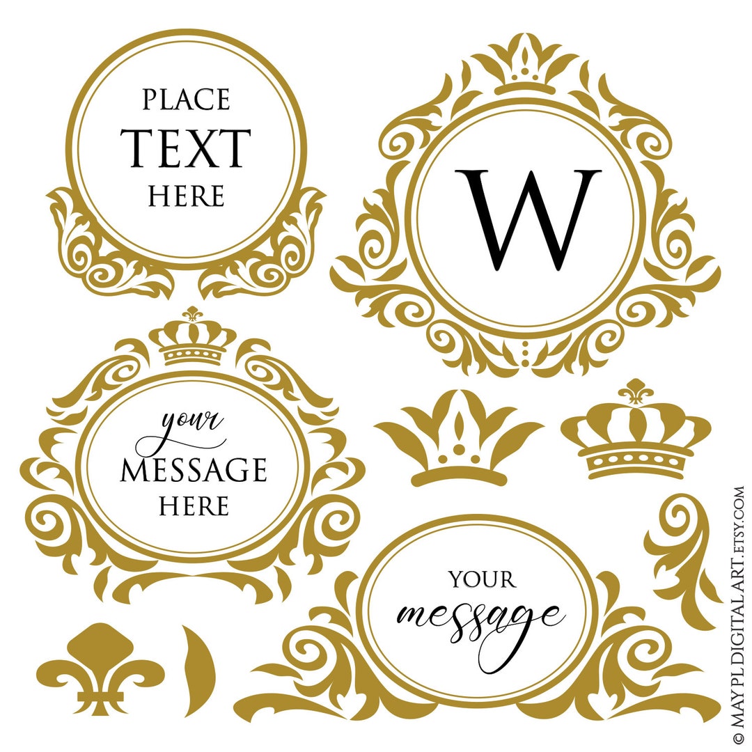 Gold Vintage Flourish Leaf Oval Round Digital Frames Clip Art -DIY Logo ...