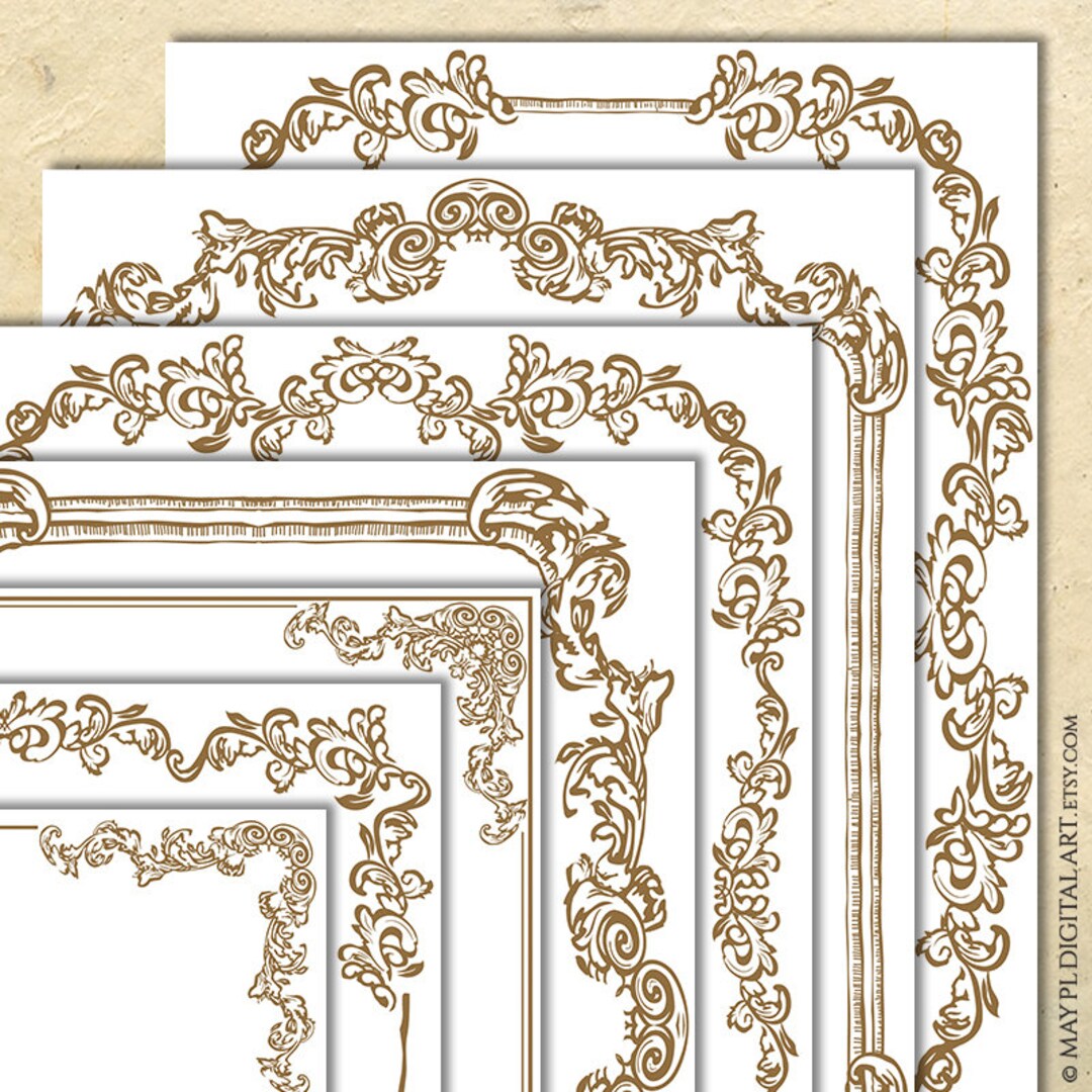 Bronze Page Borders, Hand Drawn Retro Clipart - Shabby Chic Vintage ...
