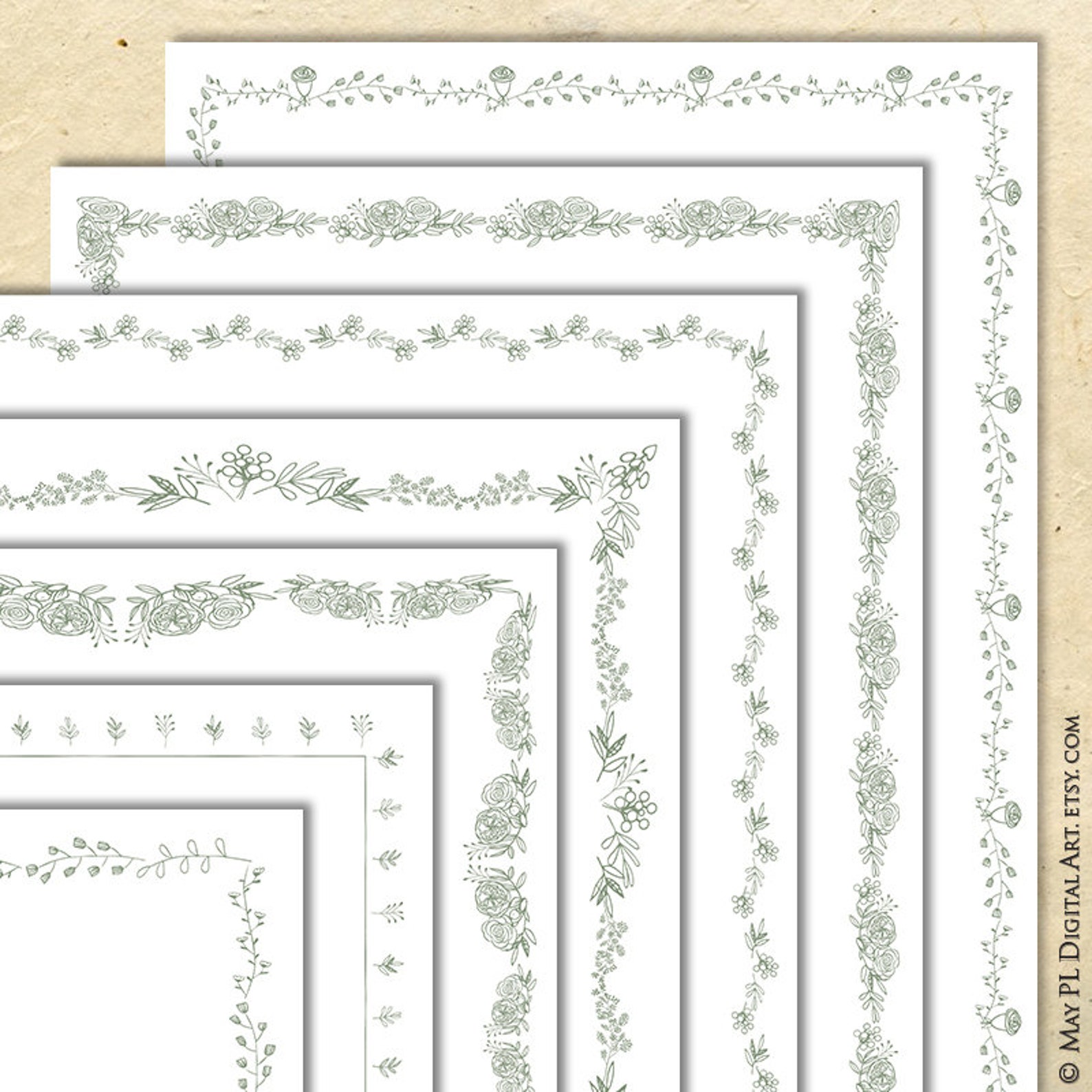 Sage Green Borders Digital Clipart Wildflowers Leaves - Etsy