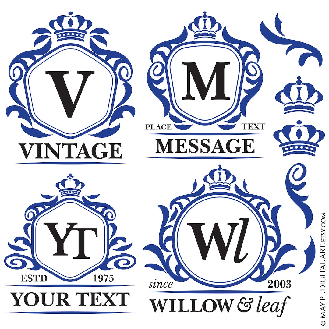 Crest Emblem Clipart, Blue Crown Flourish Digital Frames - Vintage Logo ...