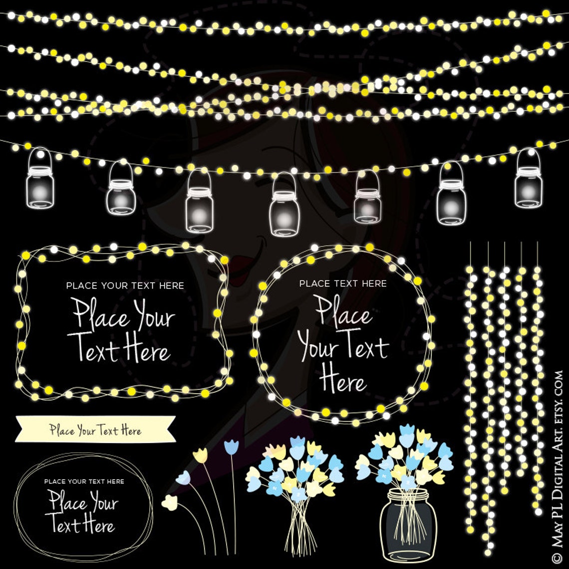 String Lights Wedding Mason Jars Glowing Fairy Lights Clipart Digital ...