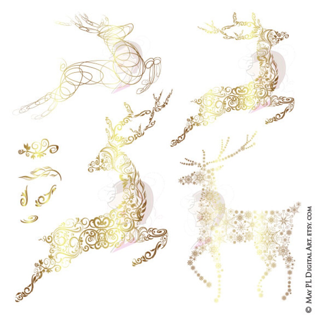 Retro Christmas Reindeer Yellow Gold Xmas Festive Vintage Elegant ...