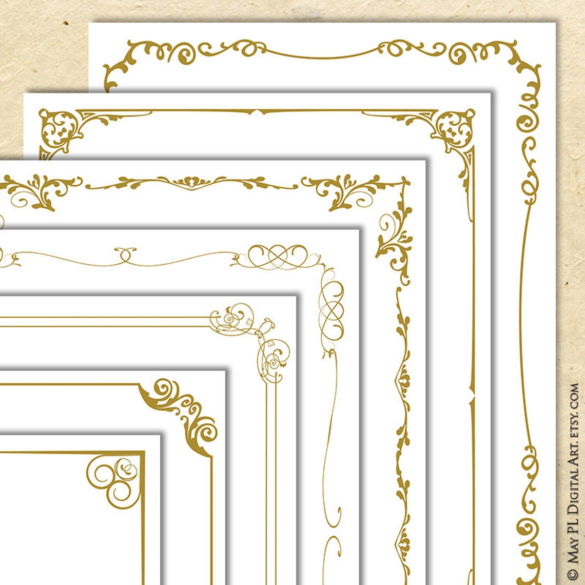 Gold Fancy Document Borders, 8x11 Page Digital Frame Vintage Designs ...
