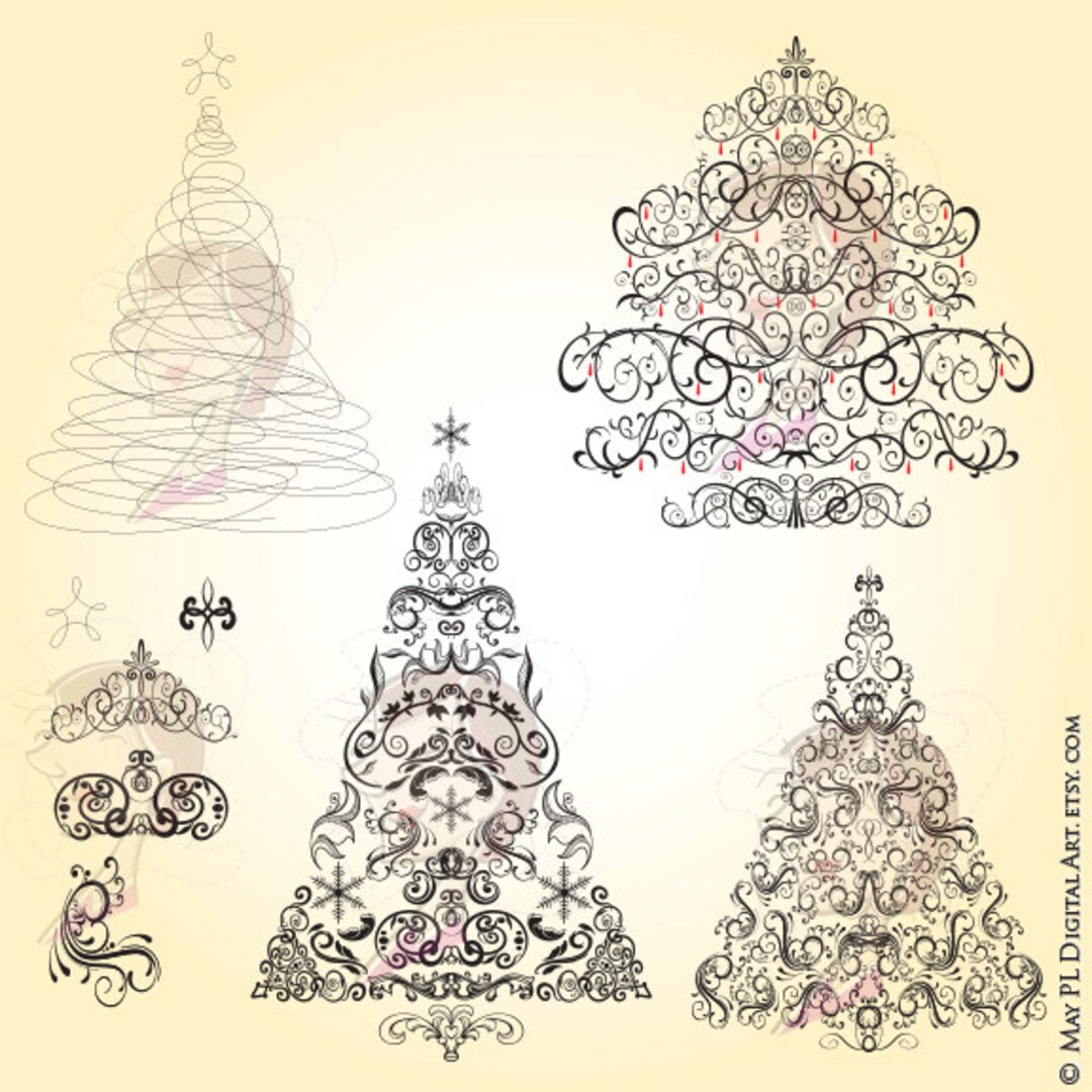 Christmas Tree Clipart Retro Ornaments Vintage Digital Clip Art ...