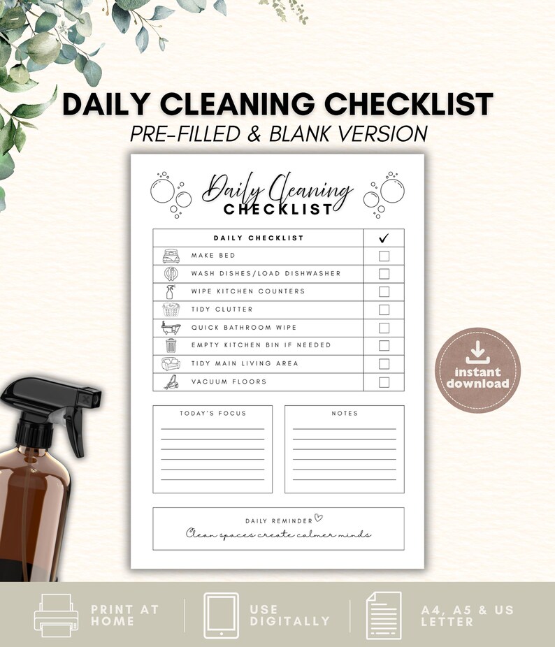 Daily Cleaning Checklist Printable | Daily House Cleaning Routine ...