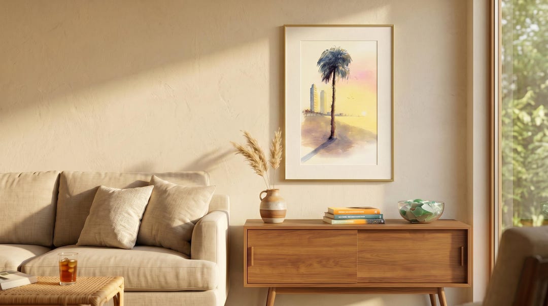 Palm Tree on Spanish Beach Poster - Summer Sunset Seaside Art - Premium ...