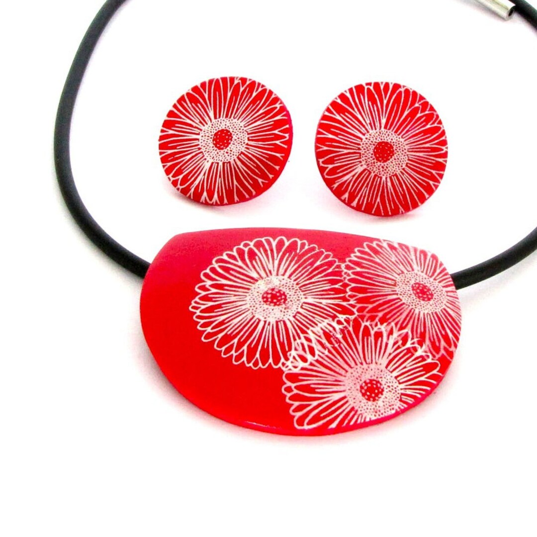 Red White Flower Statement Necklace, Big Handmade Pendant Unique ...