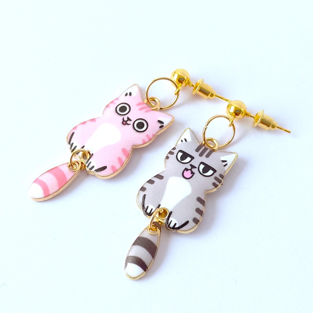 Funny Dangle Pink and Grey Mismatched Cat Studs With Dangle Tail, Cat ...
