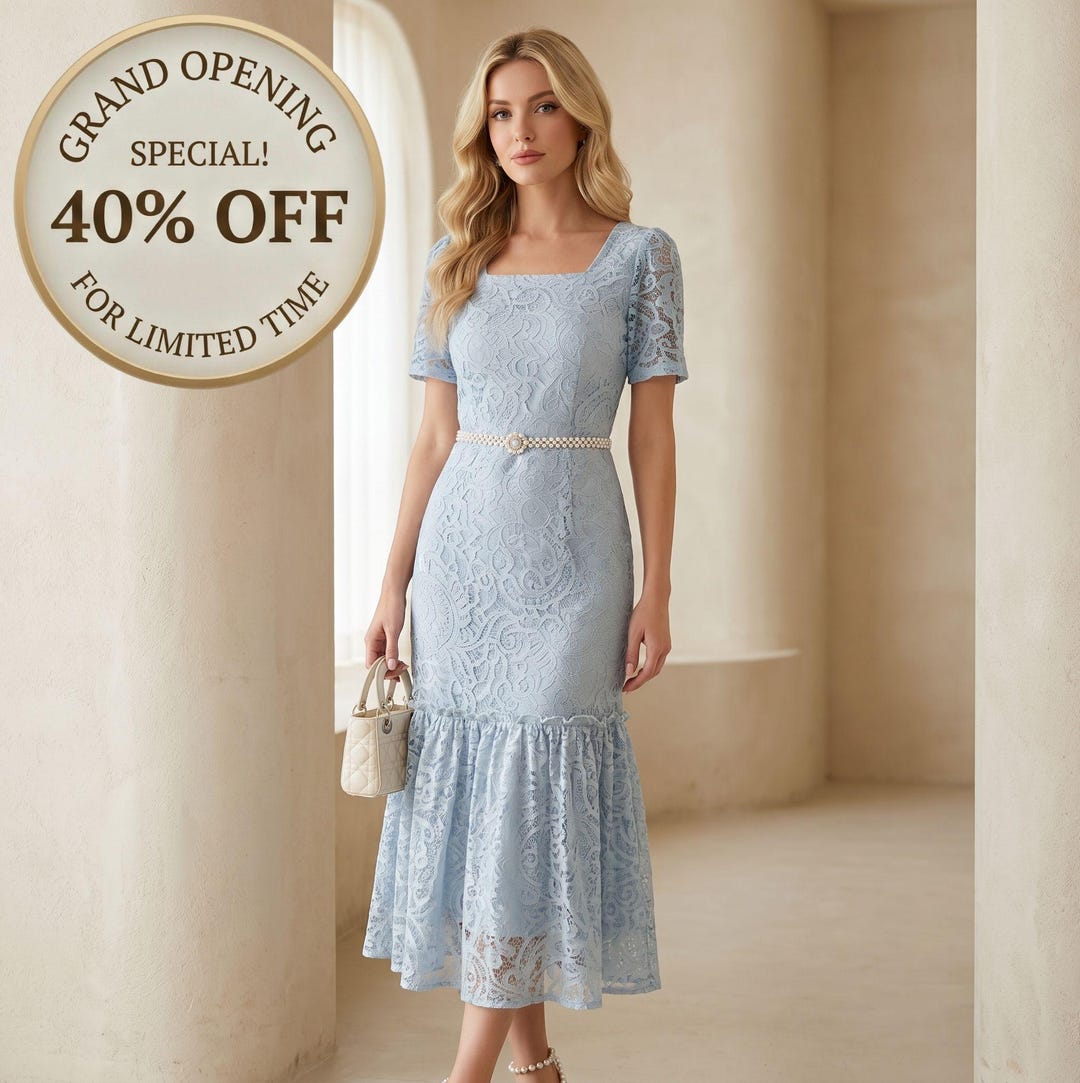 French Lace Midi Dress, Square Neck, Pearl Belt, Romantic Evening Gown ...