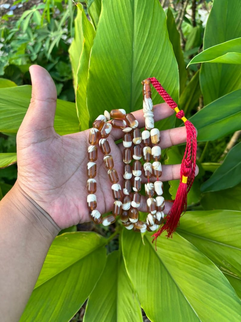 Natural Sumatra Zebra Amber Tasbih – White Yellow Capsule Prayer Beads ...