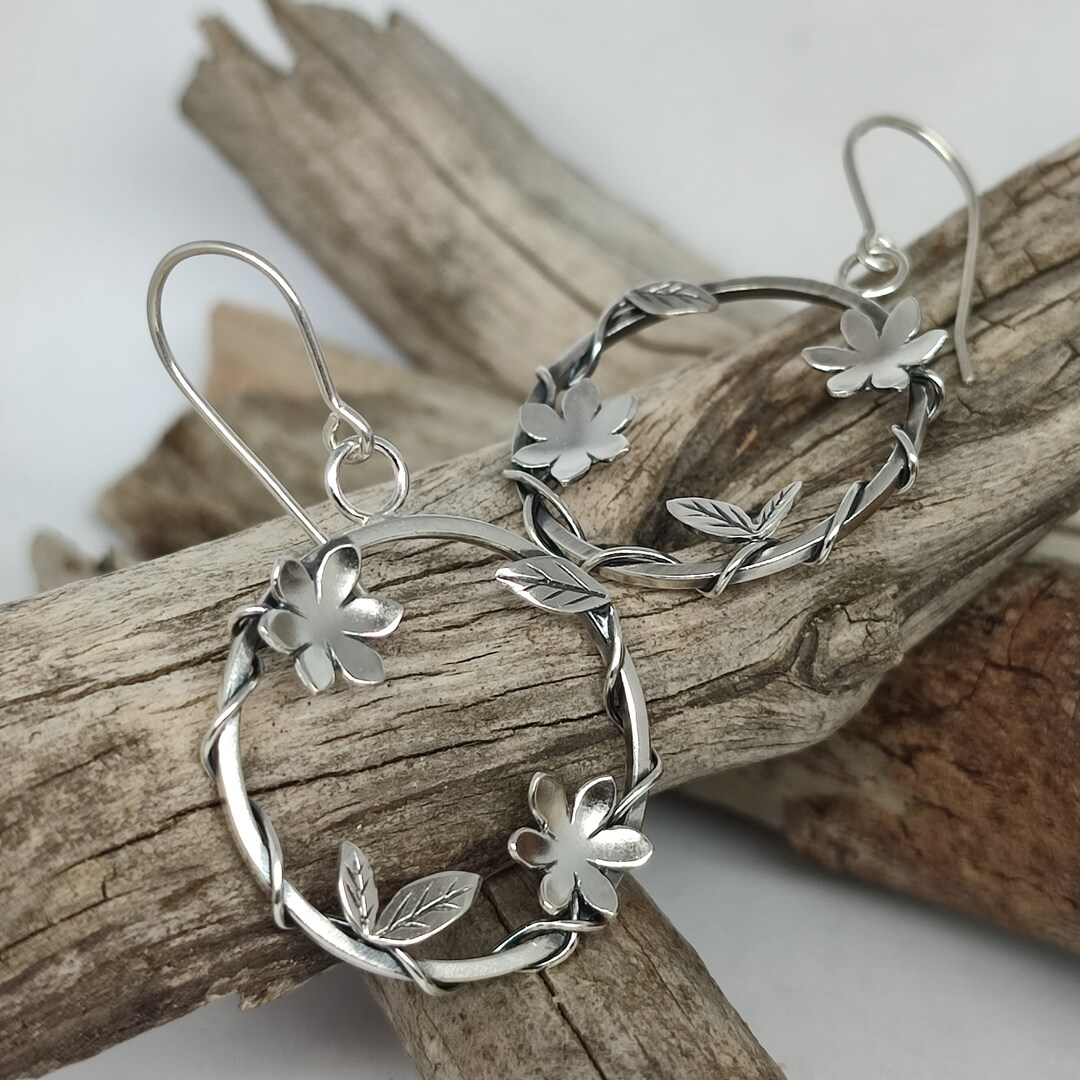 Floral Sterling Silver Hoop Earrings. Flowers and Leaves Hoop Earrings ...